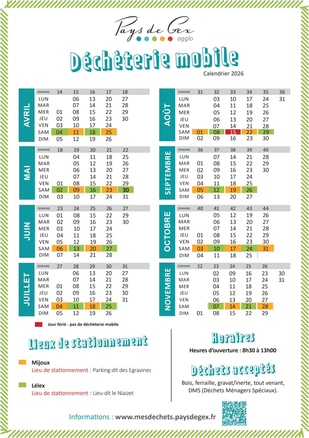 Calendrier 2026 de la déchèterie mobile - Mairie de Lelex